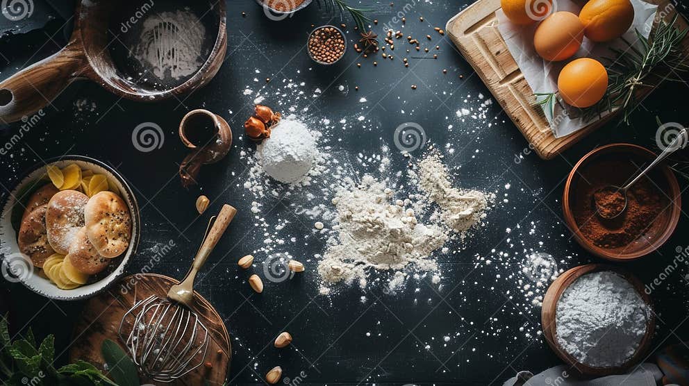 Baking Ingredients and Tools on Kitchen Counter Stock Image - Image of ...