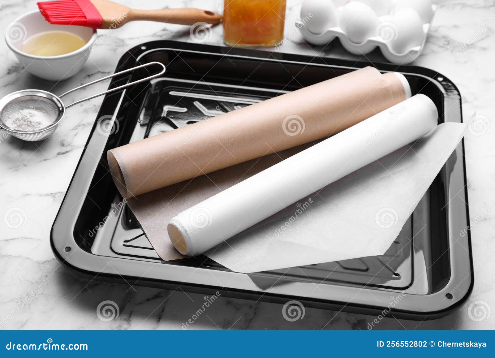 Baking Pan with Parchment Paper, Different Ingredients and Kitchen ...