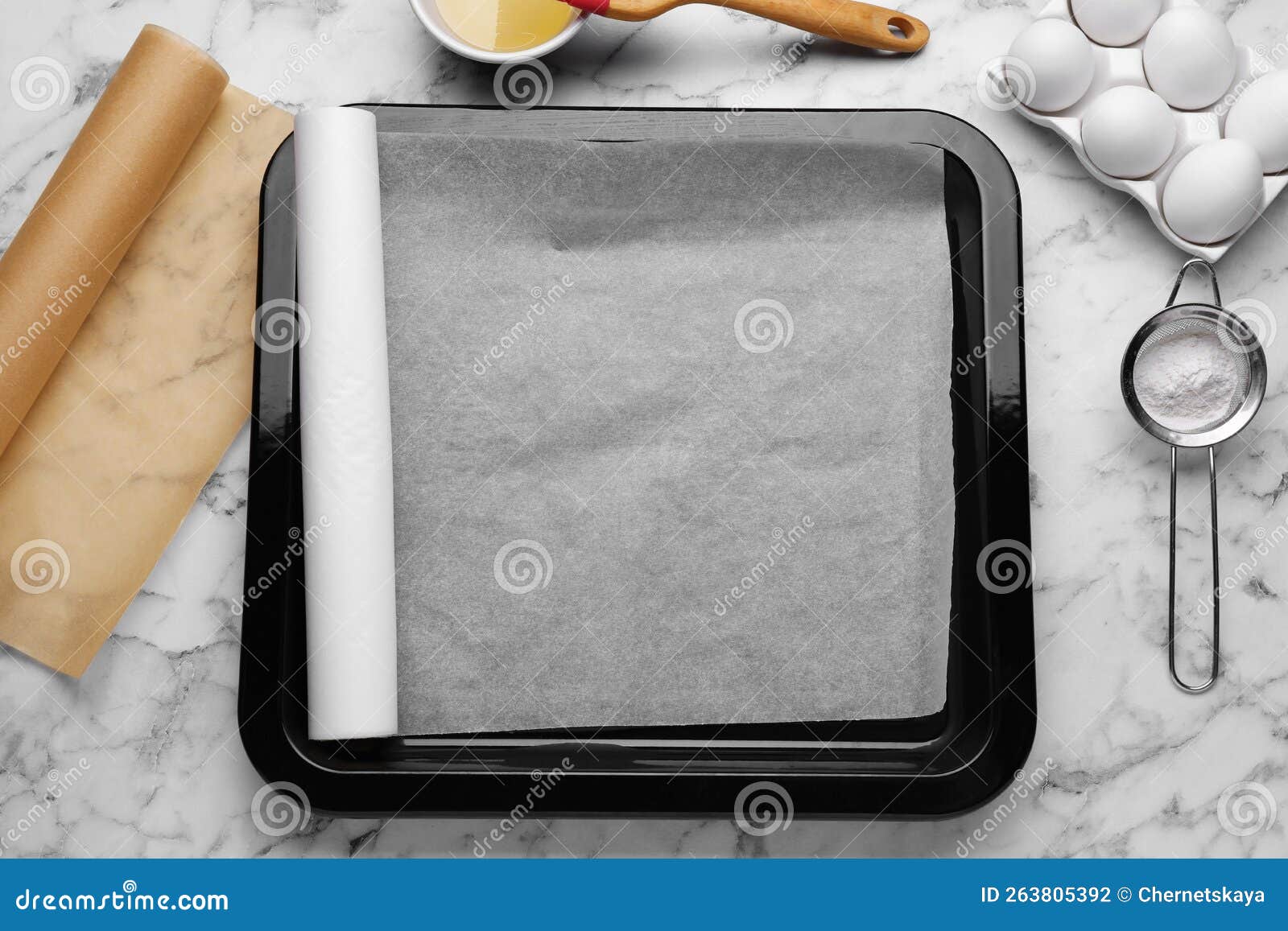 Baking Pan with Parchment Paper, Different Ingredients and Kitchen ...