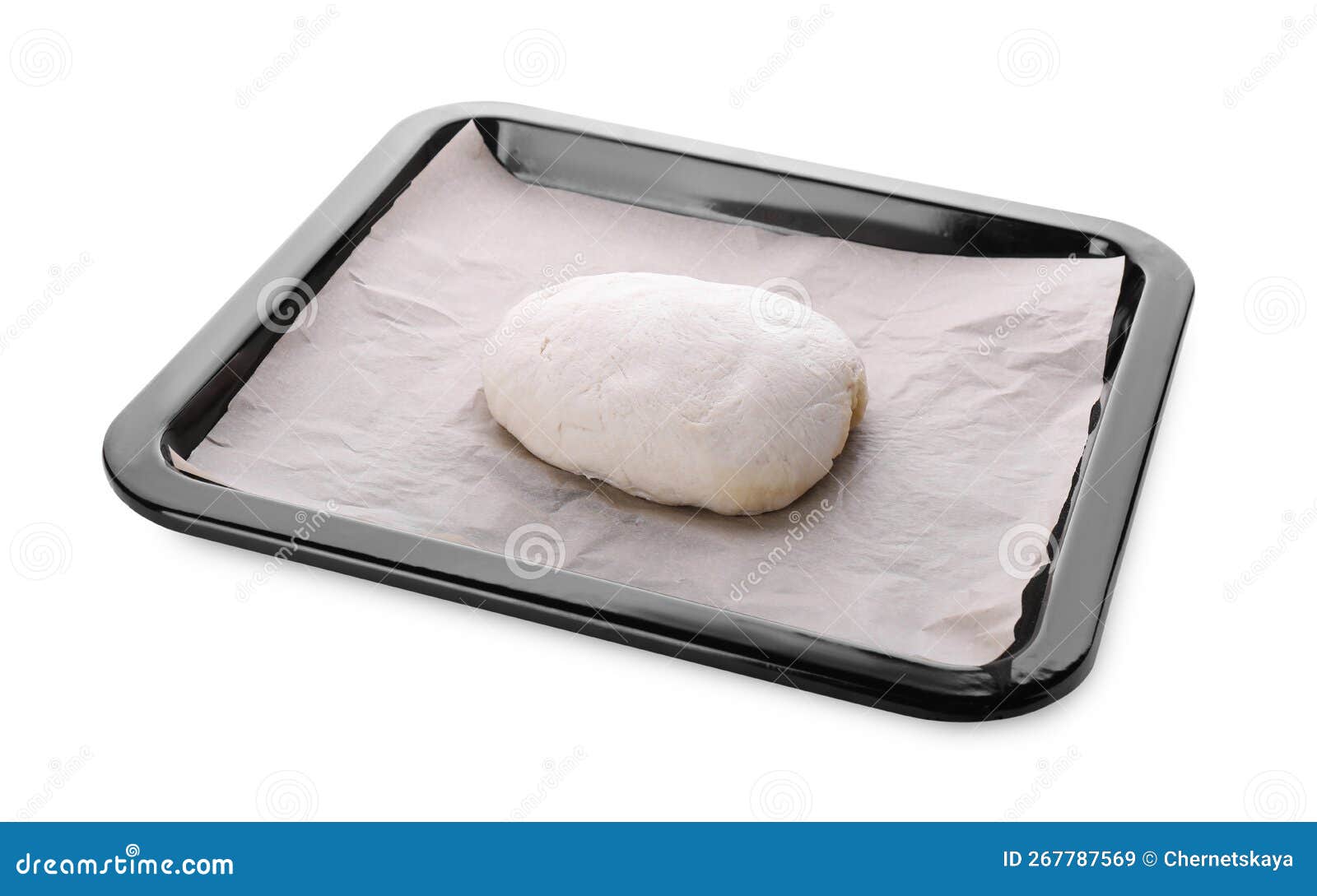 Baking Pan with Parchment Paper and Dough Isolated on White Stock Image ...
