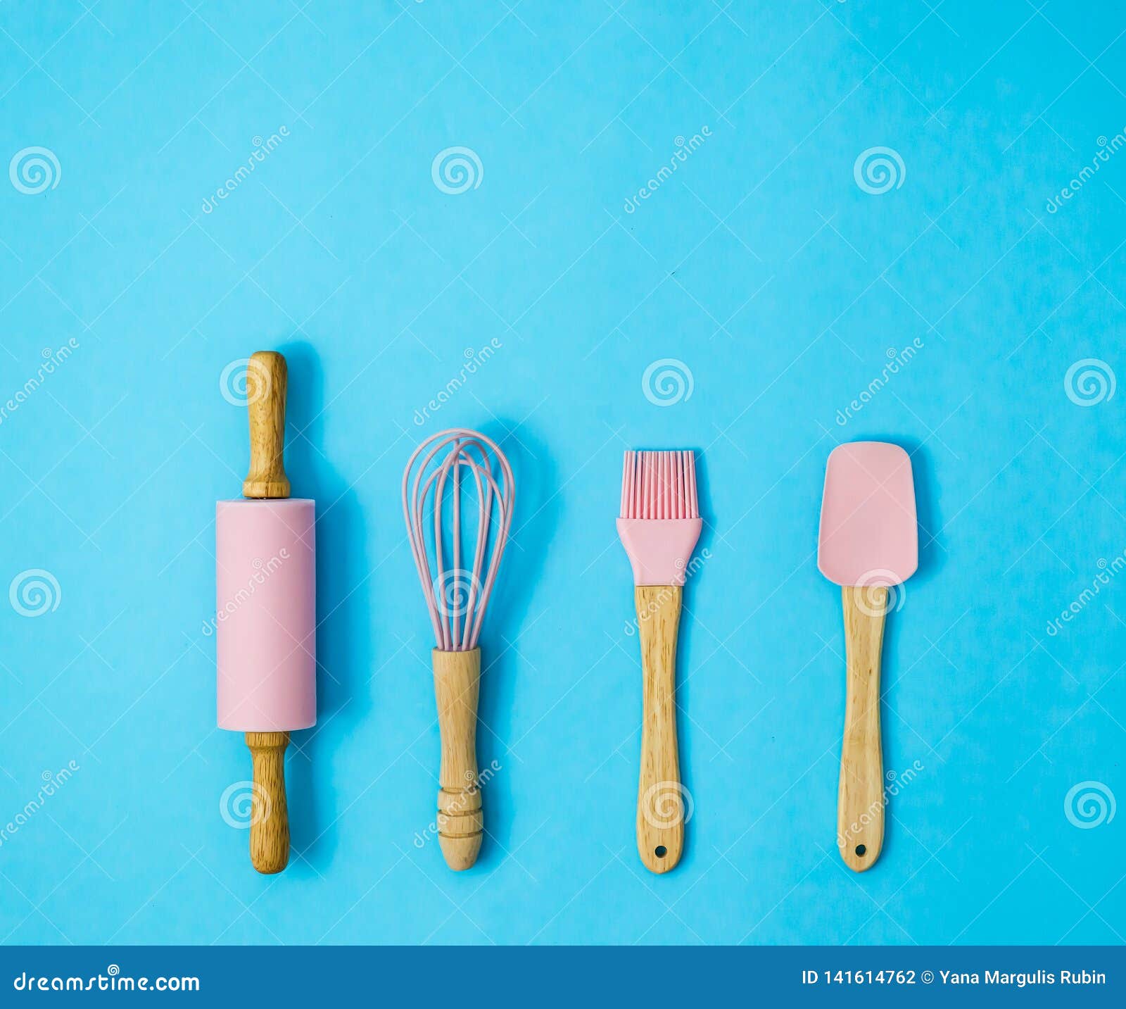 Baking or Pastry Pink Tools on Blue Background Stock Photo - Image of ...