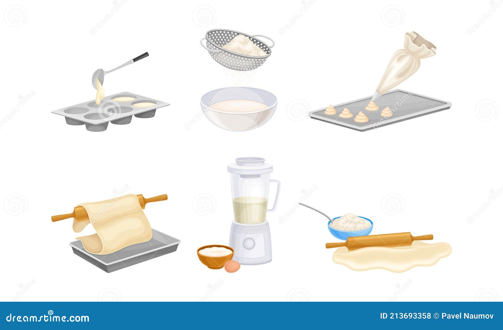 Baking Process with Doughing, Sieving and Rolling Using Cookware Vector ...