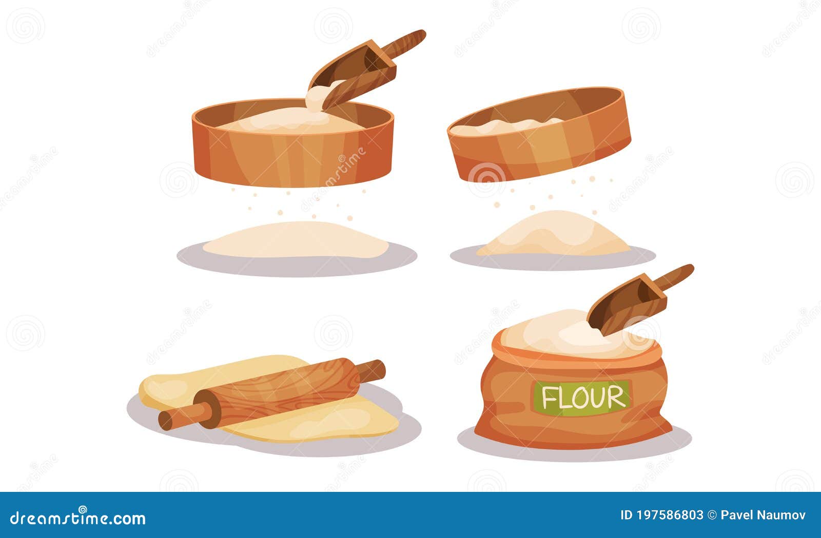 Baking Process With Doughing, Sieving And Rolling Using Cookware Vector ...