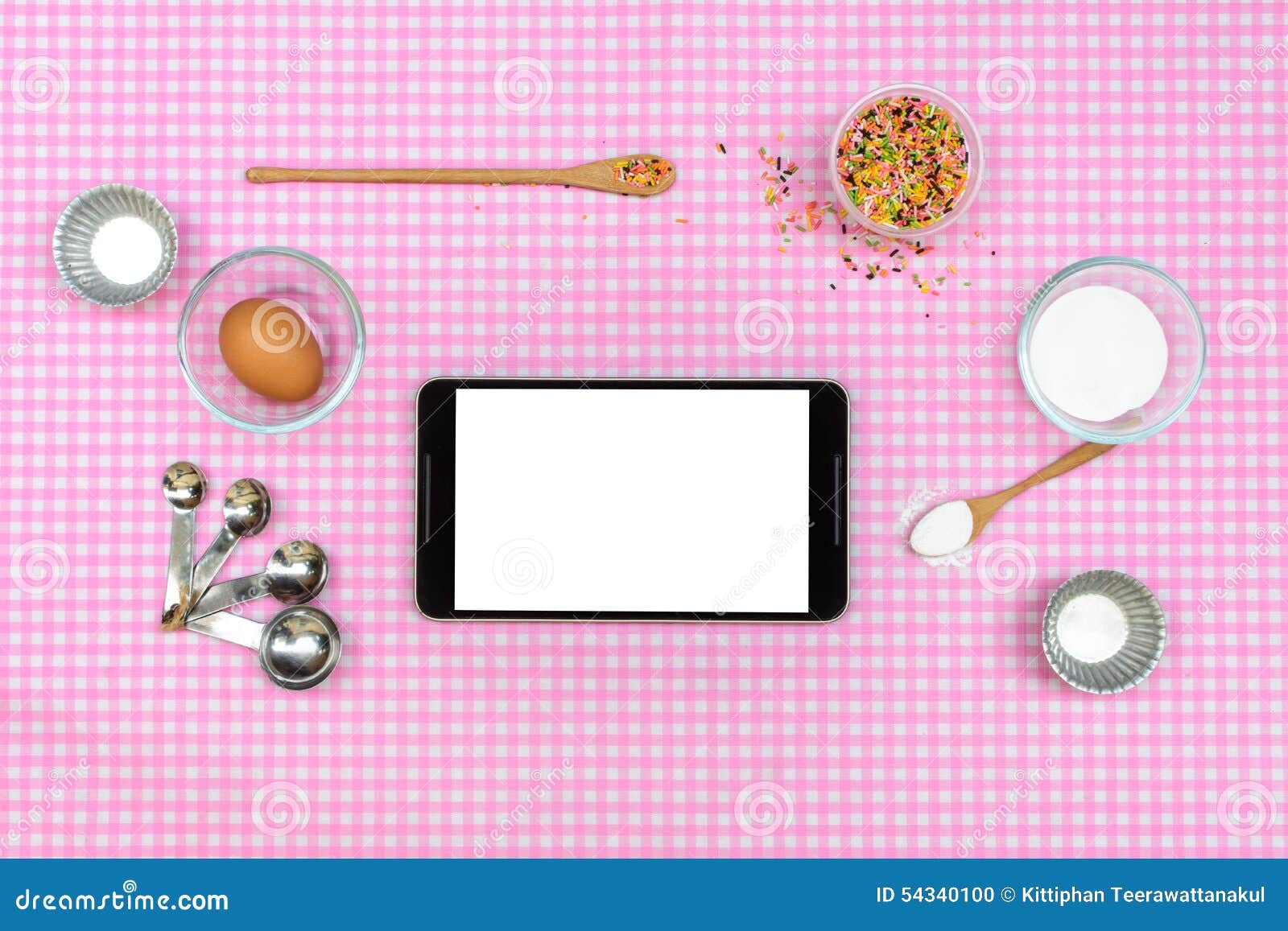 Baking Raw Ingredients with Tablet Stock Photo - Image of dough ...