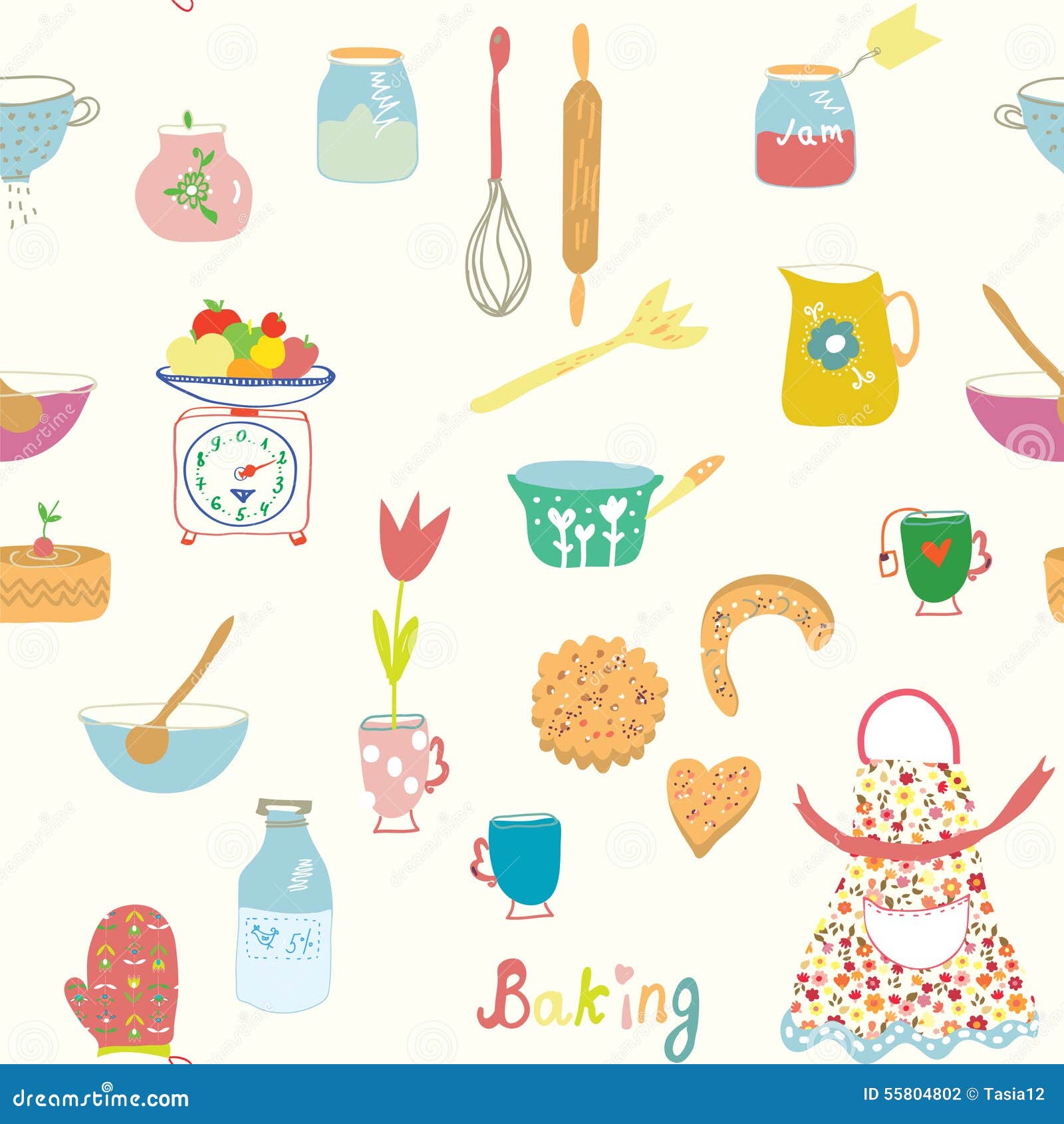 Baking Seamless Pattern with Kitchen Objects and Flowers Stock Vector ...