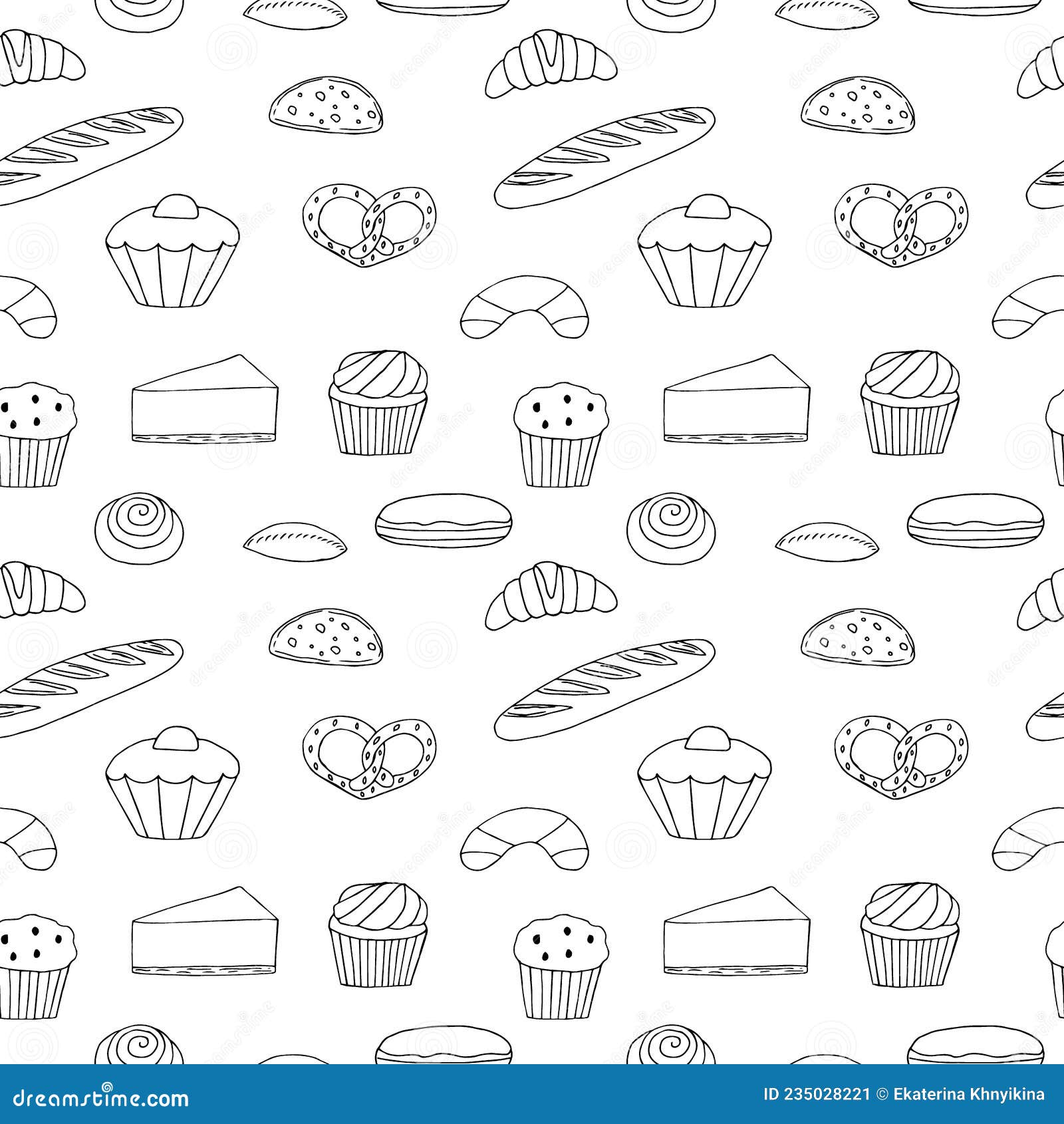 Baking Set of Buns and Cakes Vector Illustration, Hand Drawing Doodle ...