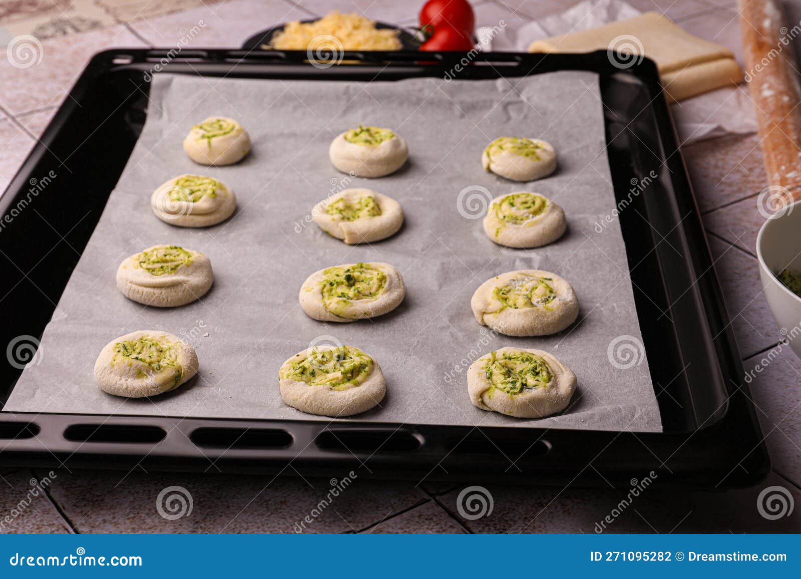 Baking Sheet with Raw Puff Pastry on Tiled Table Stock Photo - Image of ...