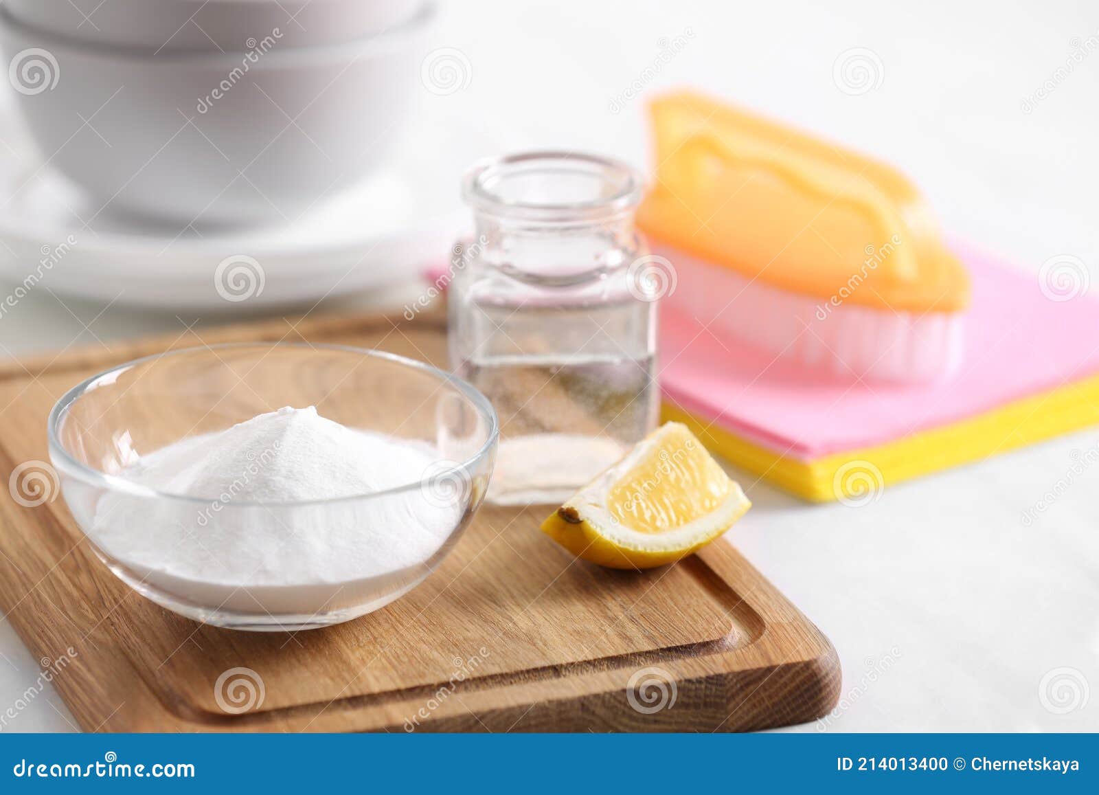 Baking Soda, Lemon and Vinegar on White Table. Eco Friendly Detergents ...