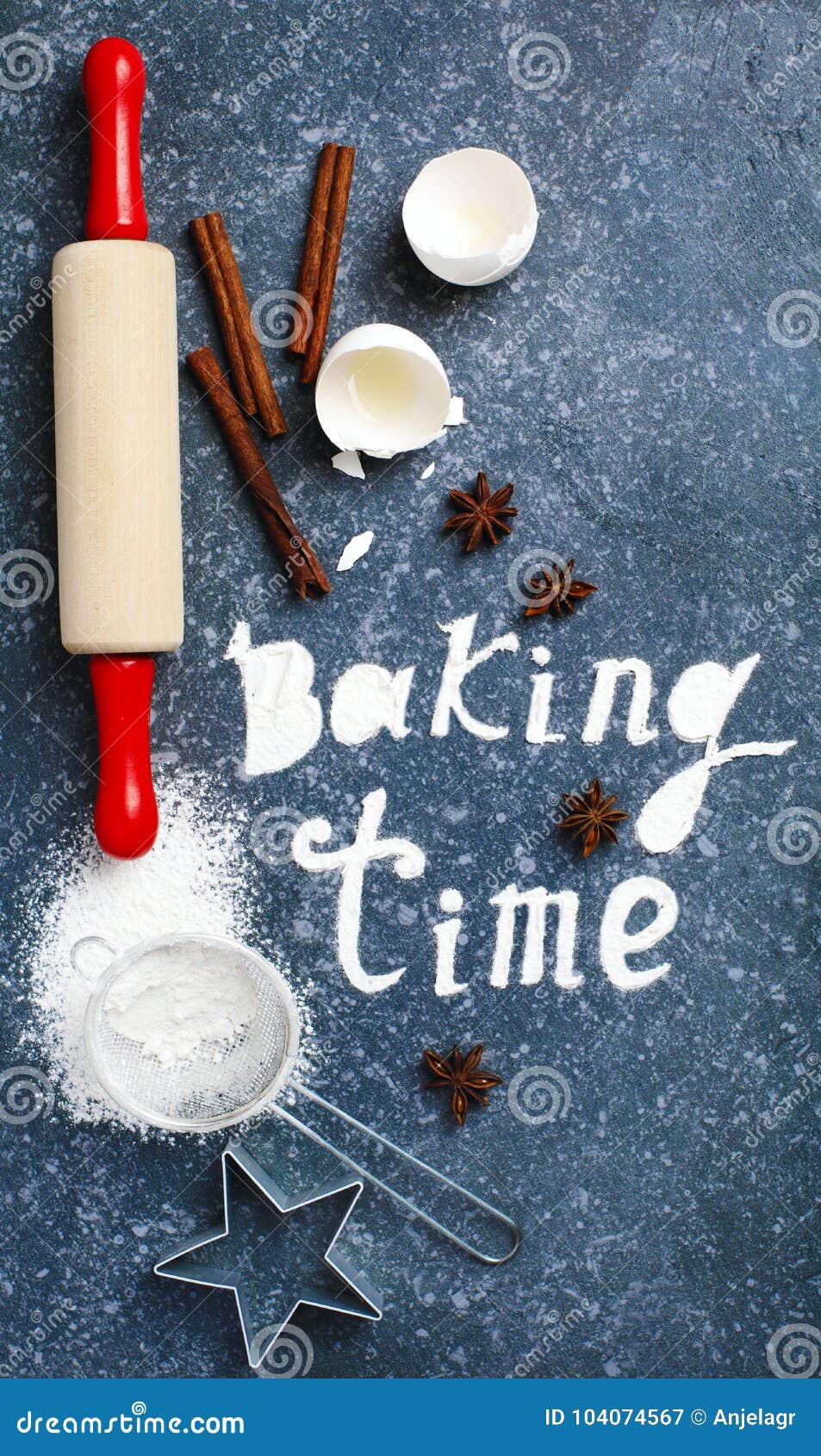 Baking Time. Flour Sprinkled on the Blue Table with Text Baking Stock ...