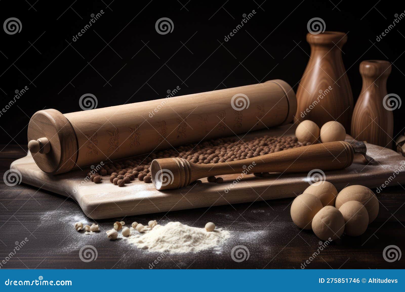 Baking Tools and Equipment on a Wooden Rolling Pin, Ready for Use Stock ...
