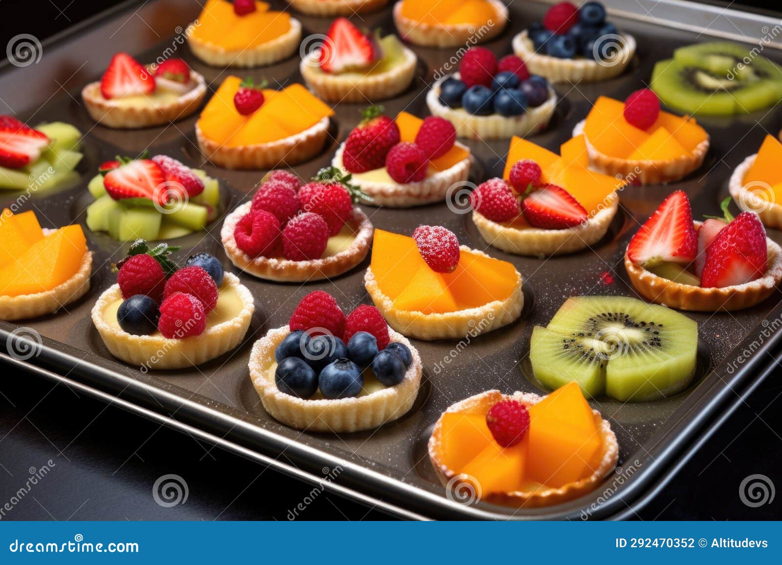 Baking Tray Full of Mini, Fresh, Fruit Tarts Stock Photo - Image of ...