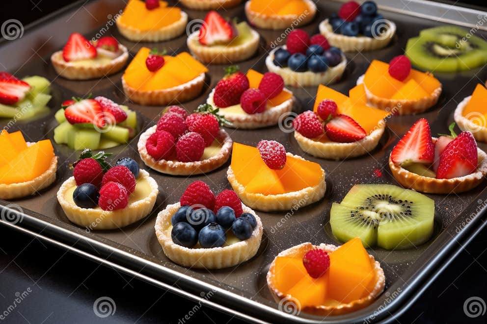 Baking Tray Full of Mini, Fresh, Fruit Tarts Stock Photo - Image of ...