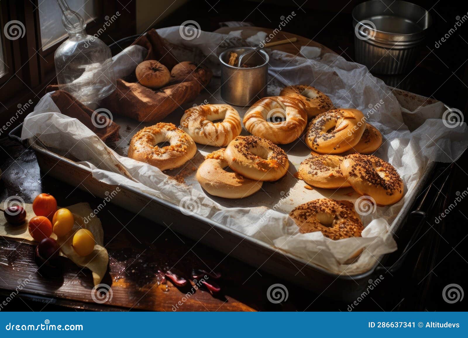 Baking Tray with Parchment Paper and Raw Bagels Stock Image - Image of ...