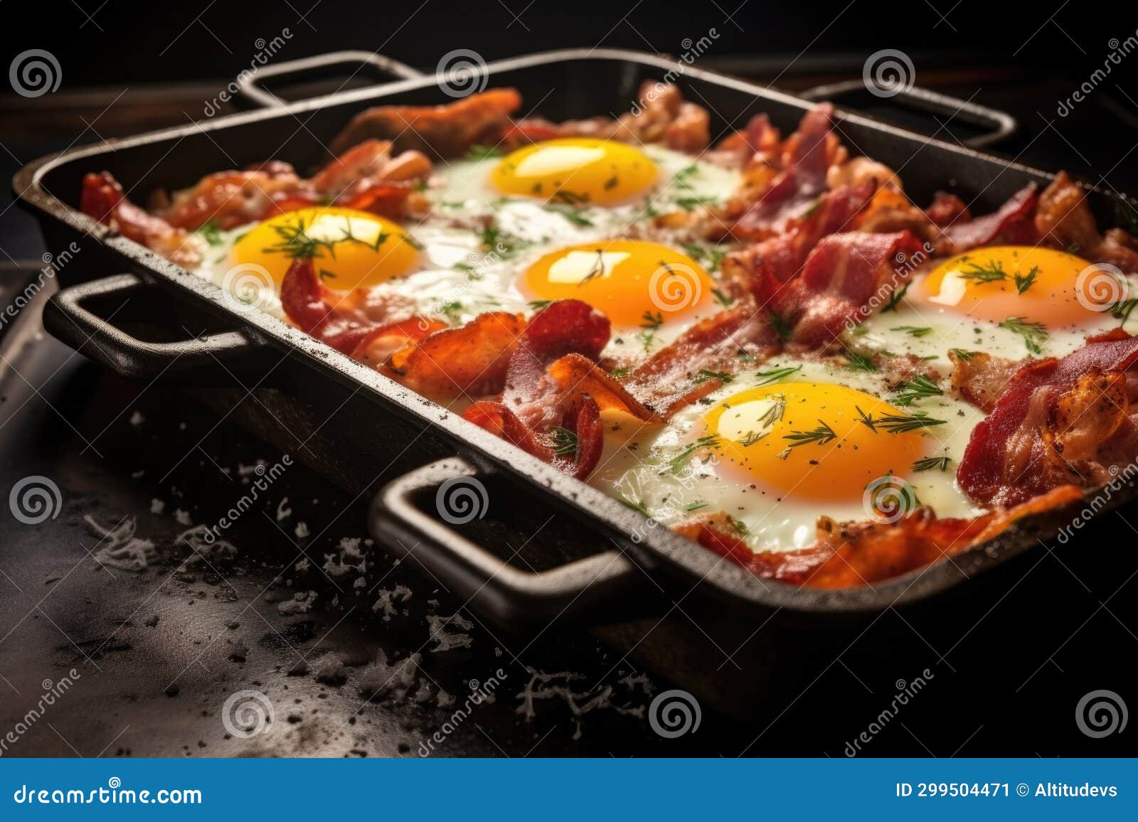 A Baking Tray with Sizzling Bacon and Eggs for a Hearty Breakfast Stock ...