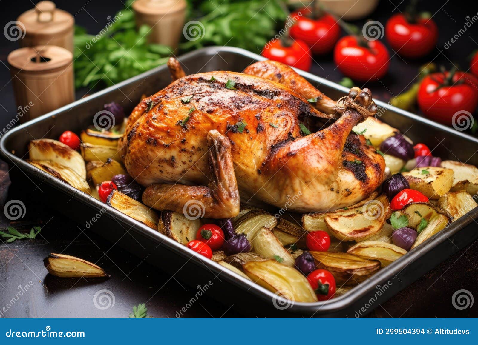 Baking Tray with a Whole Roasted Chicken and Vegetables Stock Photo ...
