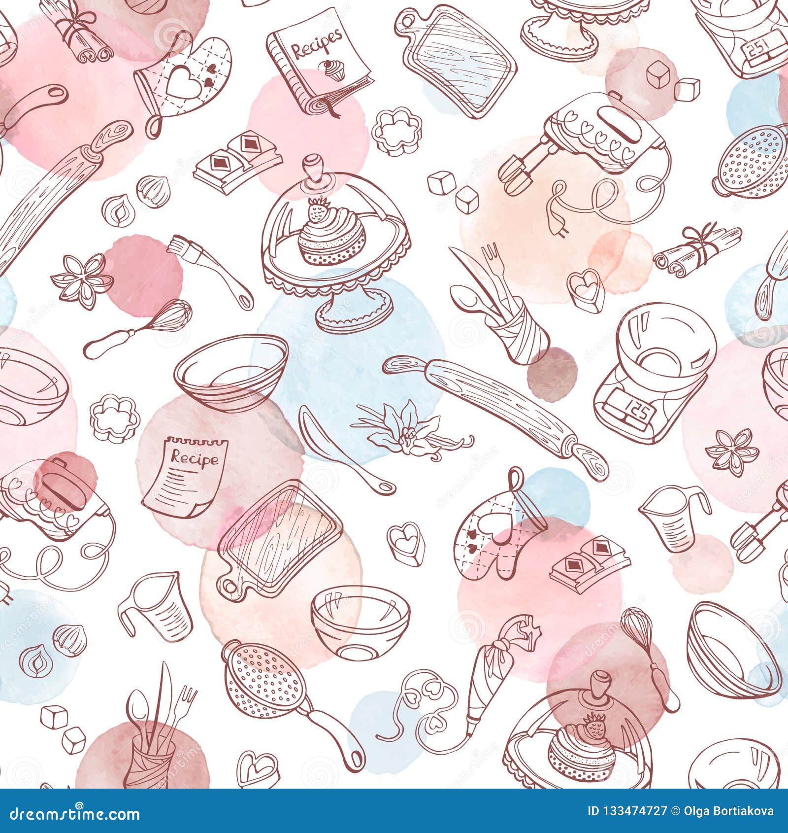 Baking watercolor pattern stock vector. Illustration of outline - 133474727