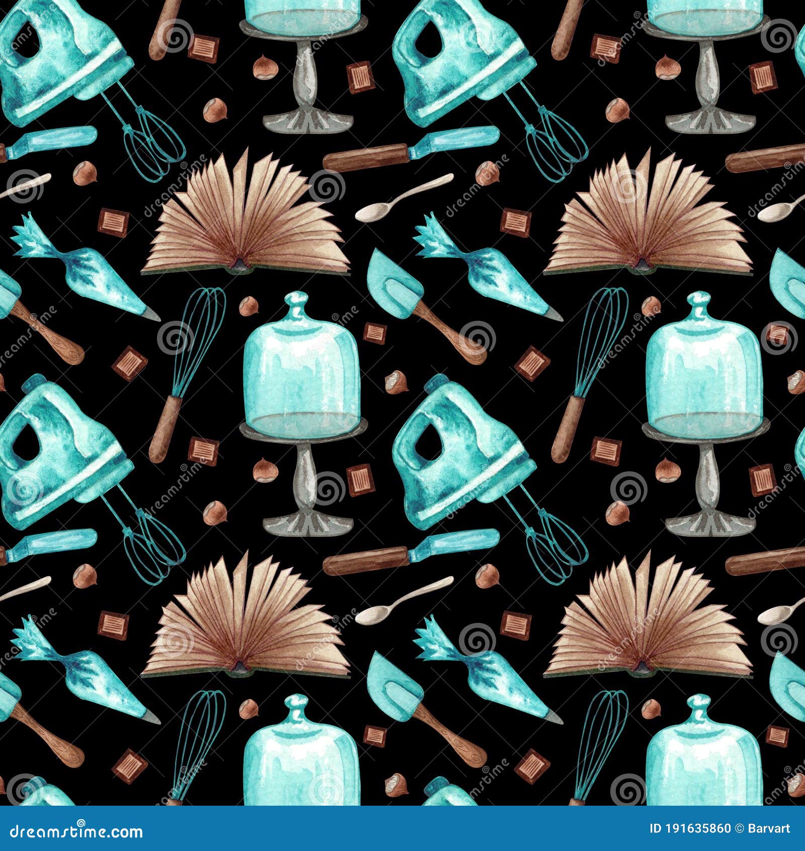 Baking Watercolor Seamless Pattern with Kitchen Utensils on White ...