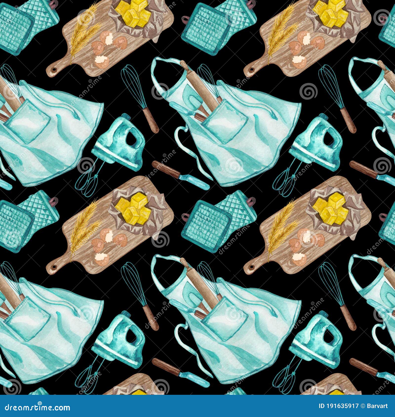 Baking Watercolor Seamless Pattern with Kitchen Utensils on White ...