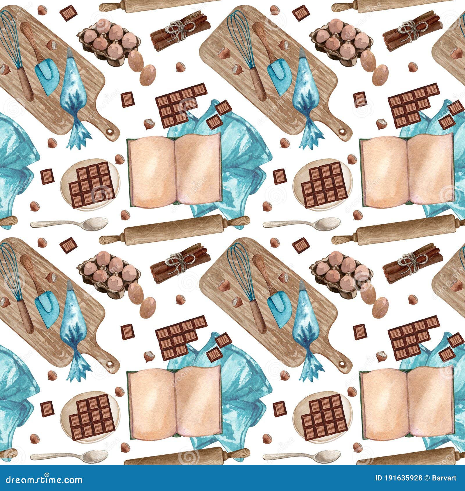 Baking Watercolor Seamless Pattern with Kitchen Utensils on White ...