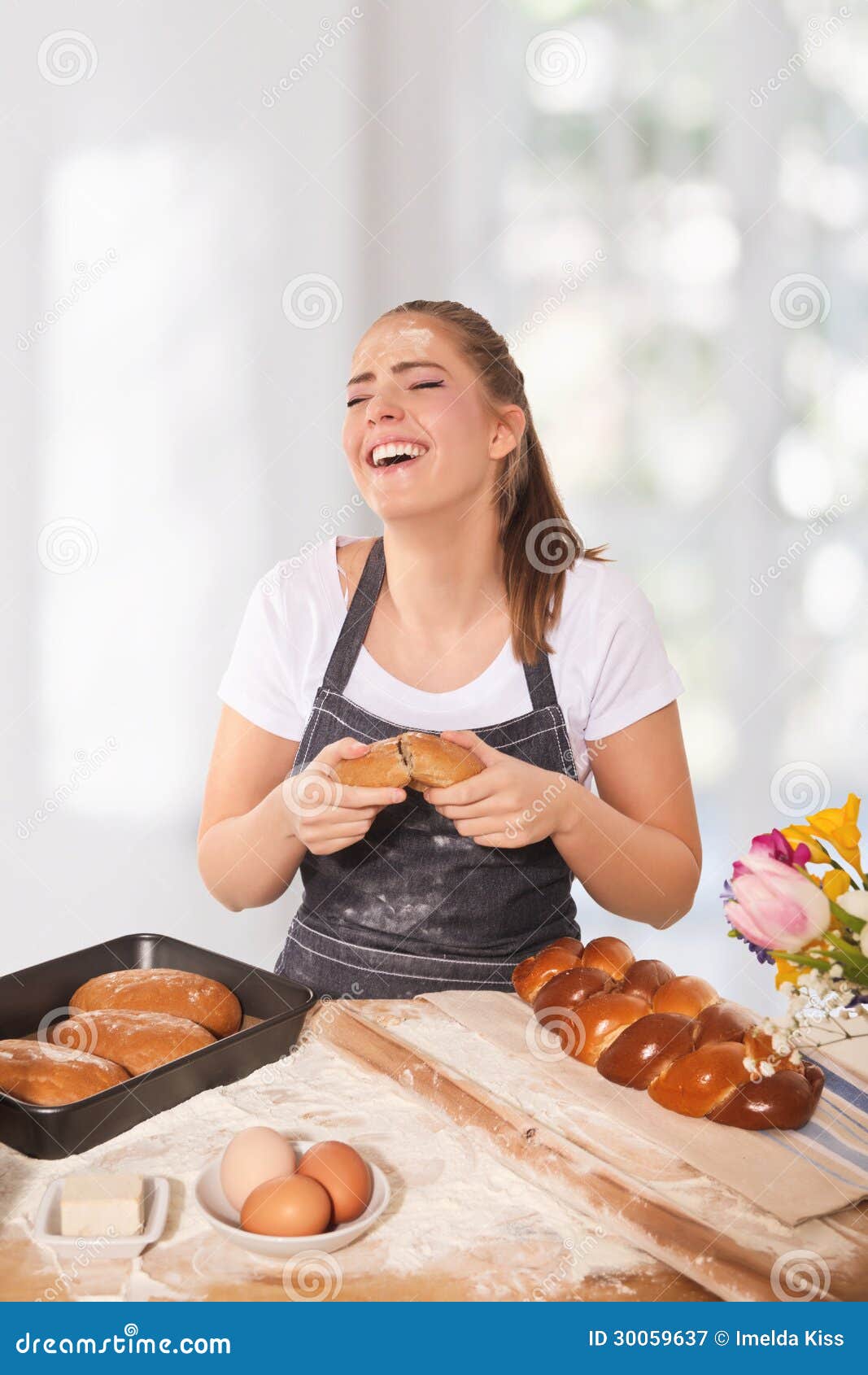 Baking Woman Laughing during Trying the Fresh Rye Loaf Stock Image ...