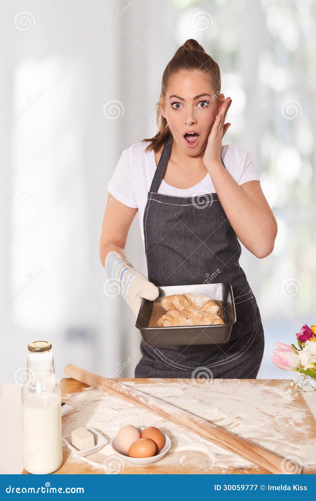 Baking Woman Surprised by Perfect Bread Rolls Stock Image - Image of ...