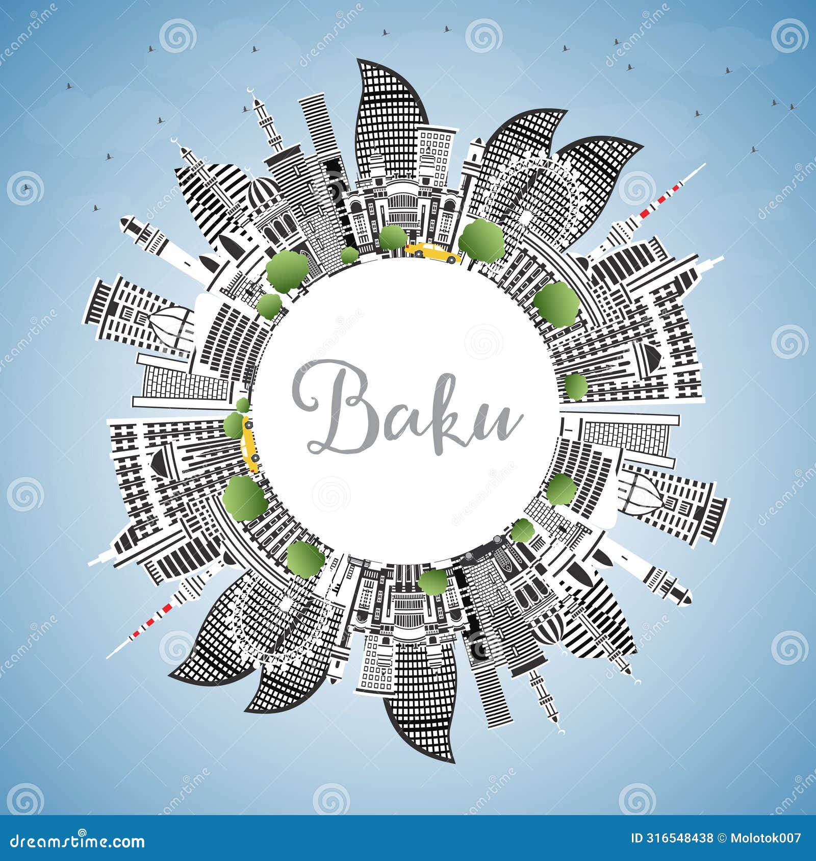 Baku Azerbaijan City Skyline With Color Buildings Blue Sky And Copy