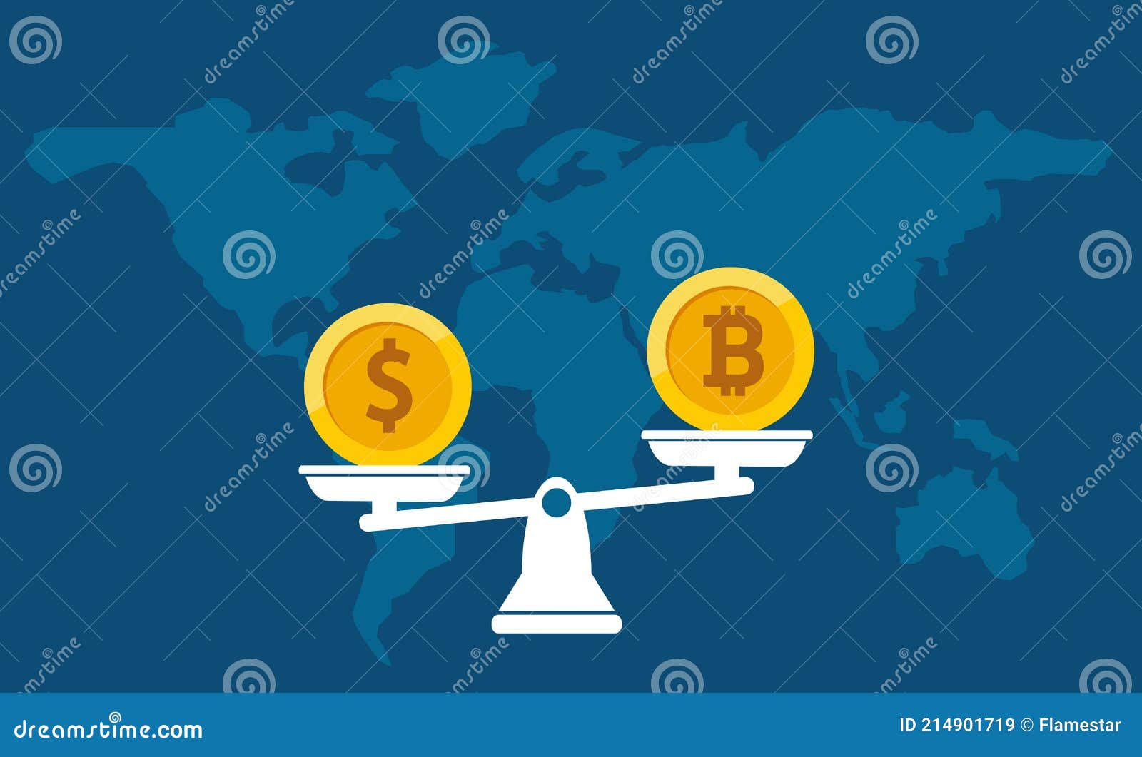 Balance Dollar VS Bitcoin Concept with World Map. Vector. Stock Vector ...