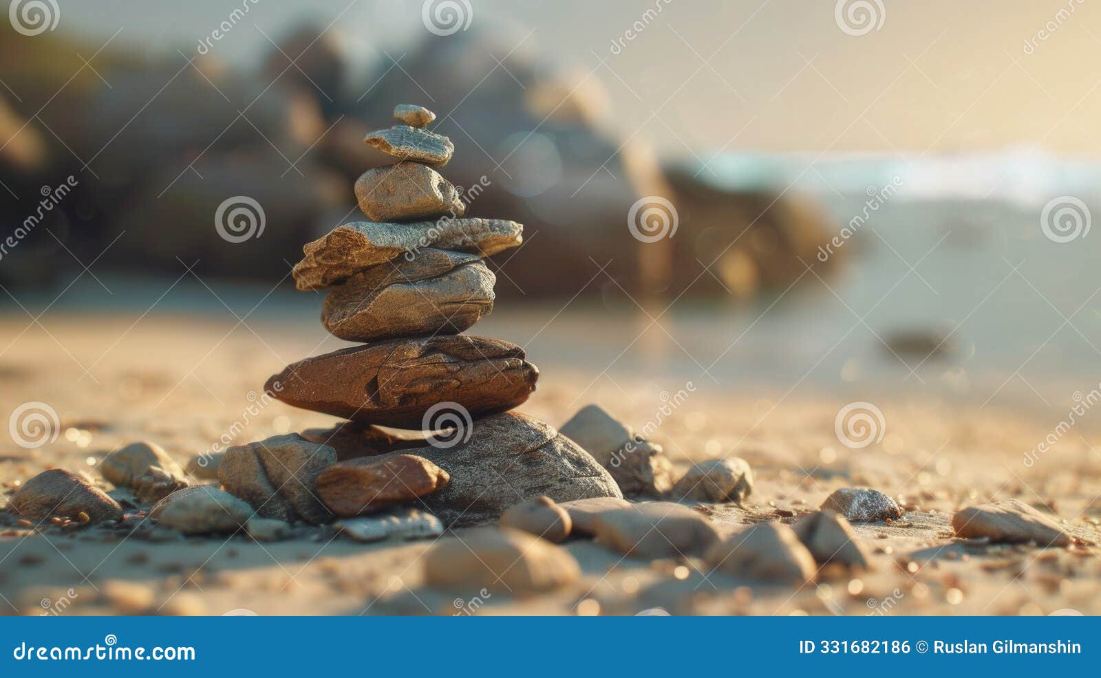 Balance Pebble Stone in the Sand Beach at Sunset Stock Photo - Image of ...