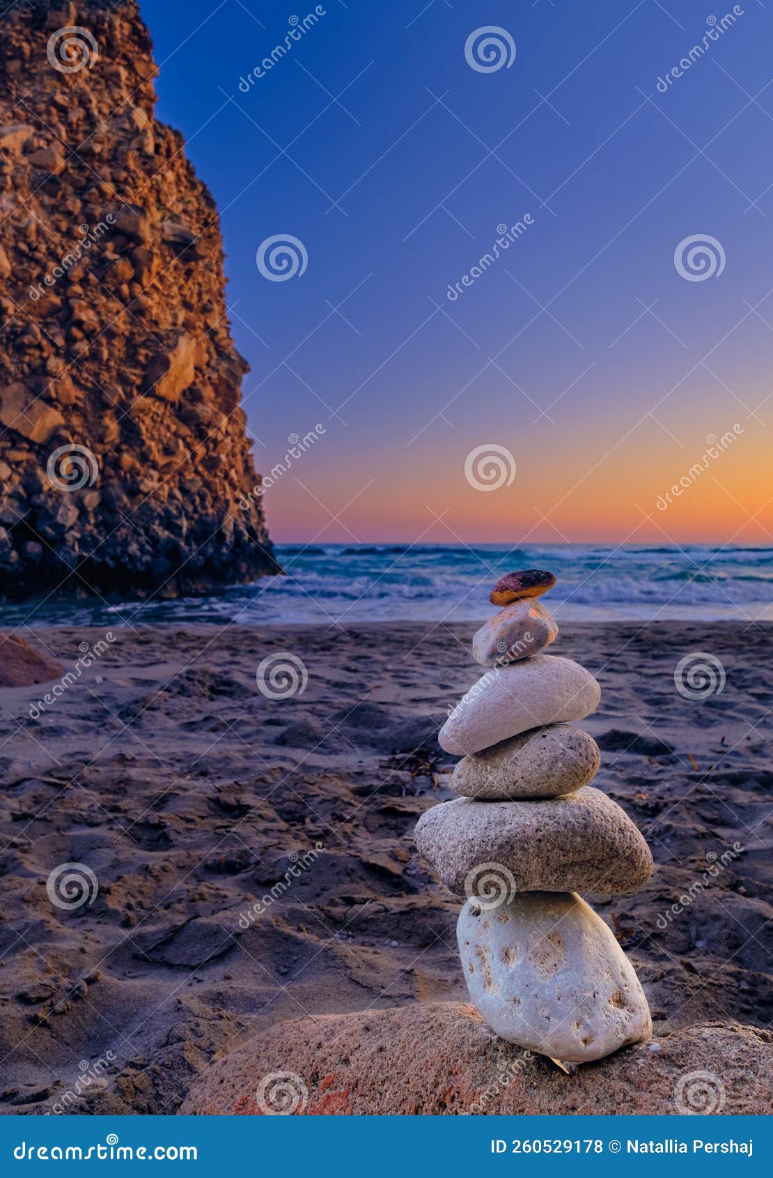 Balance Stone Stack and Big Natural Rock on Sandy Beach at Sunset ...