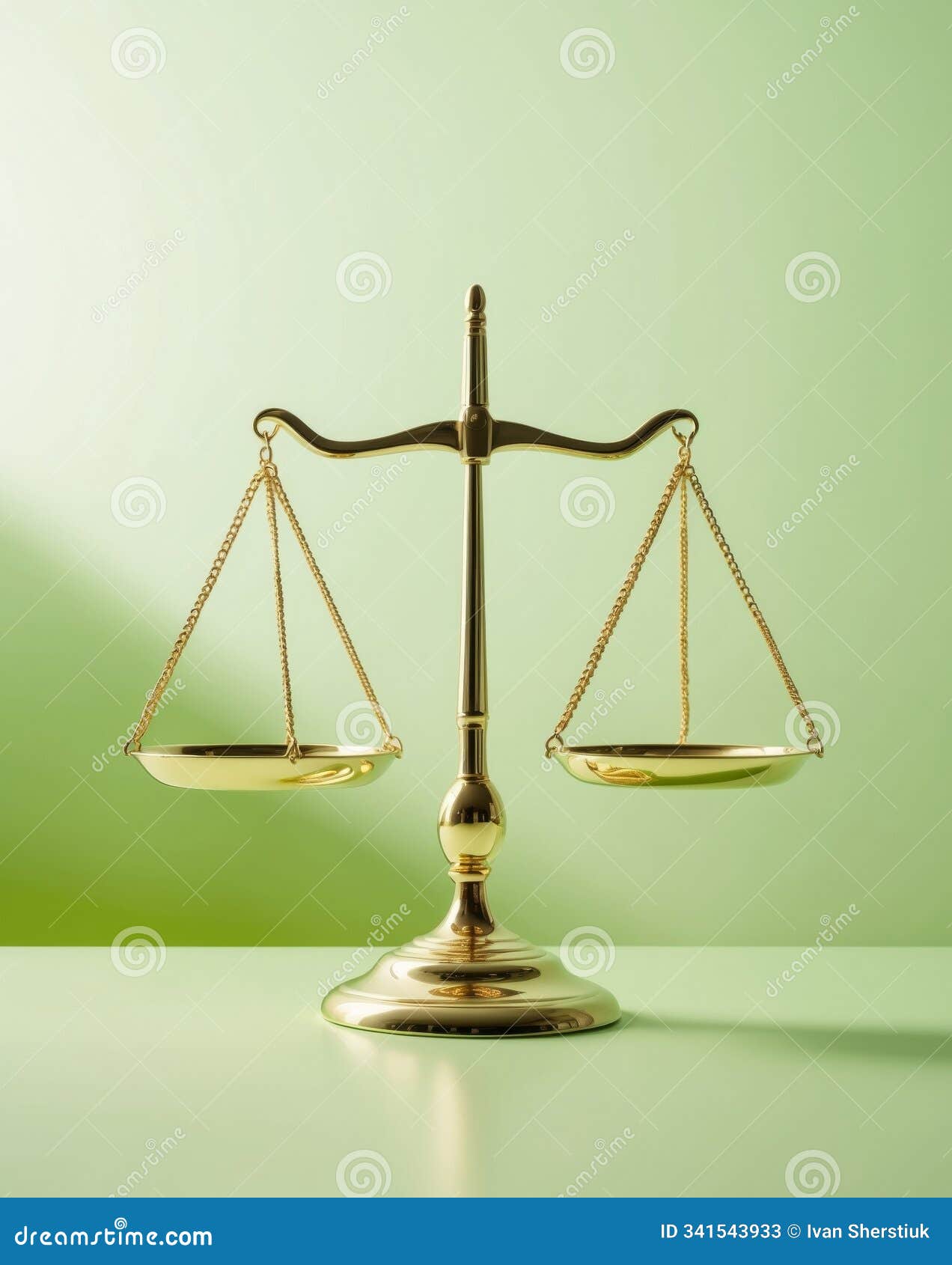 Balanced Golden Scales of Justice on Green Background. Stock Image ...