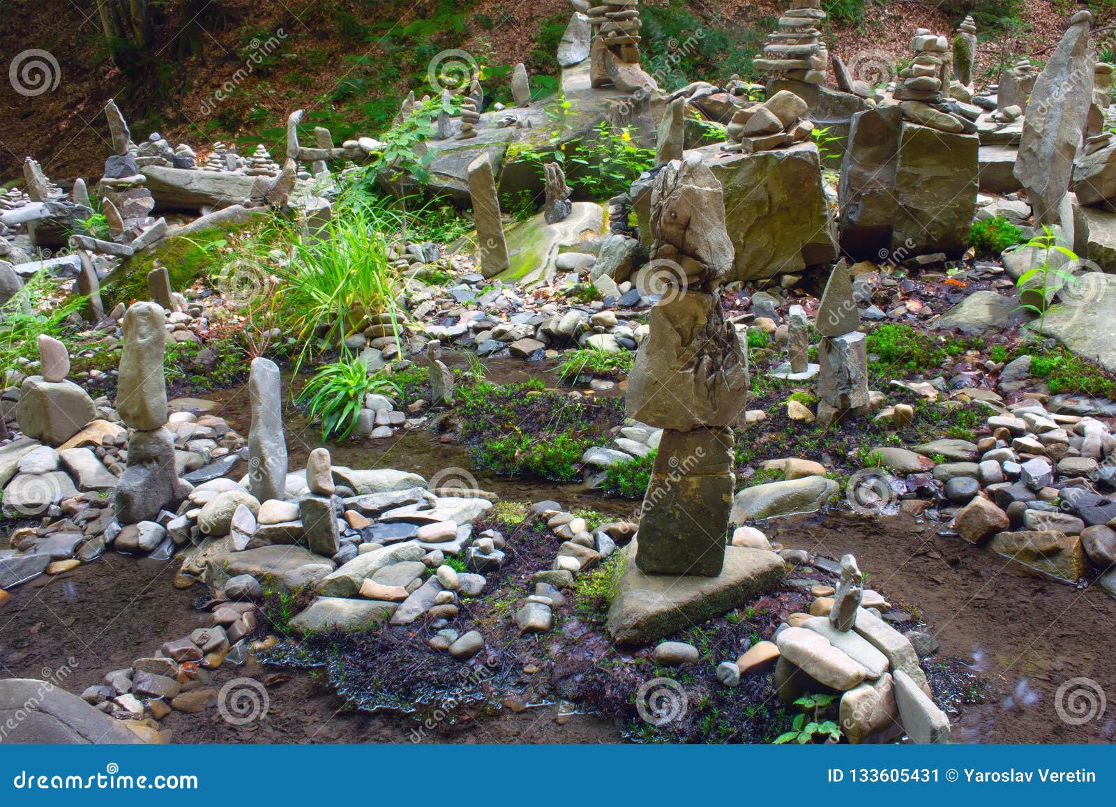 Balanced Rock Zen Stack in Front of Mountain River Stock Image - Image ...