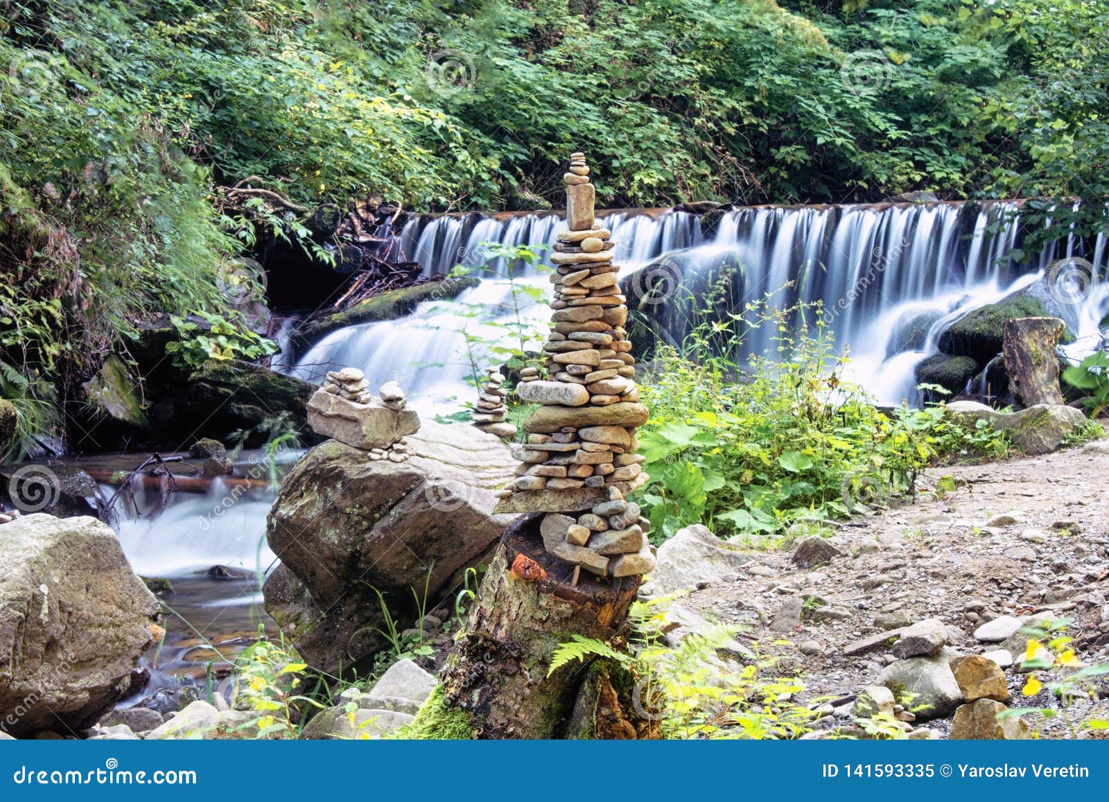 Balanced Rock Zen Stack in Front of Waterfall Stock Image - Image of ...