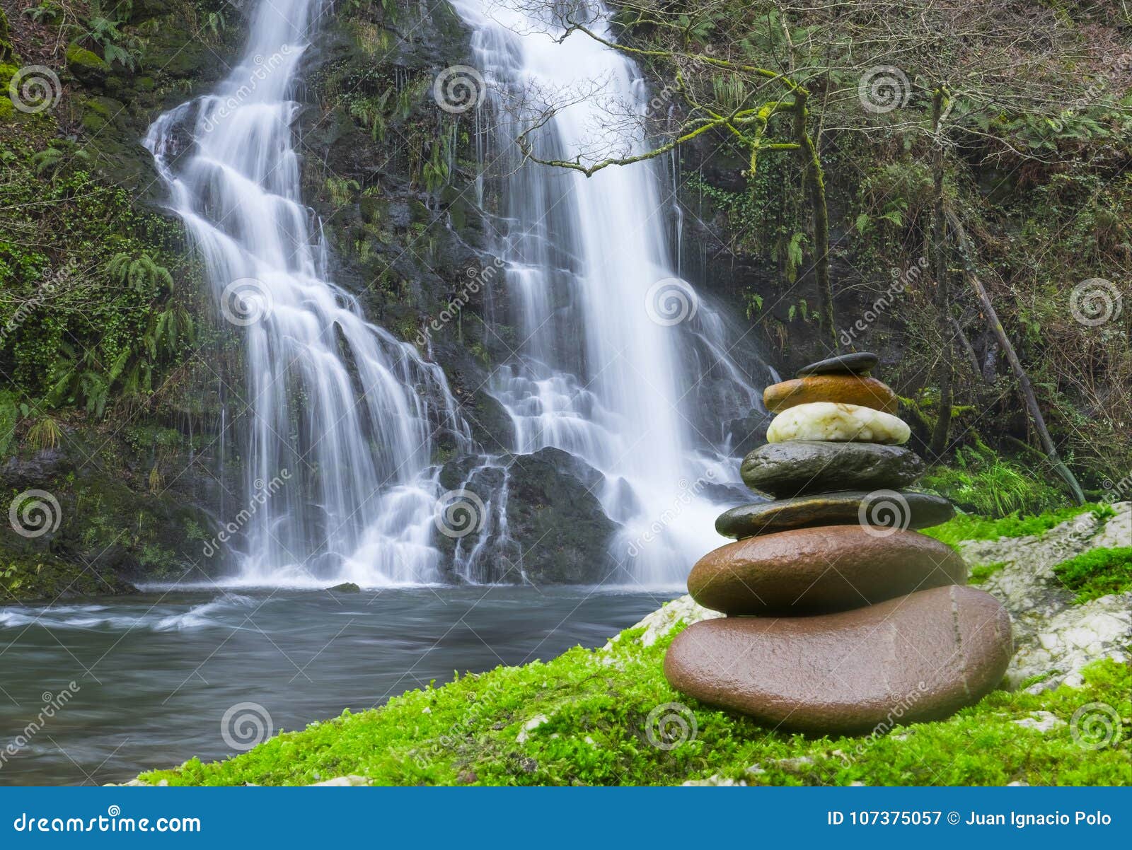Balanced Rock Zen Stack in Front of Waterfall. Stock Image - Image of ...