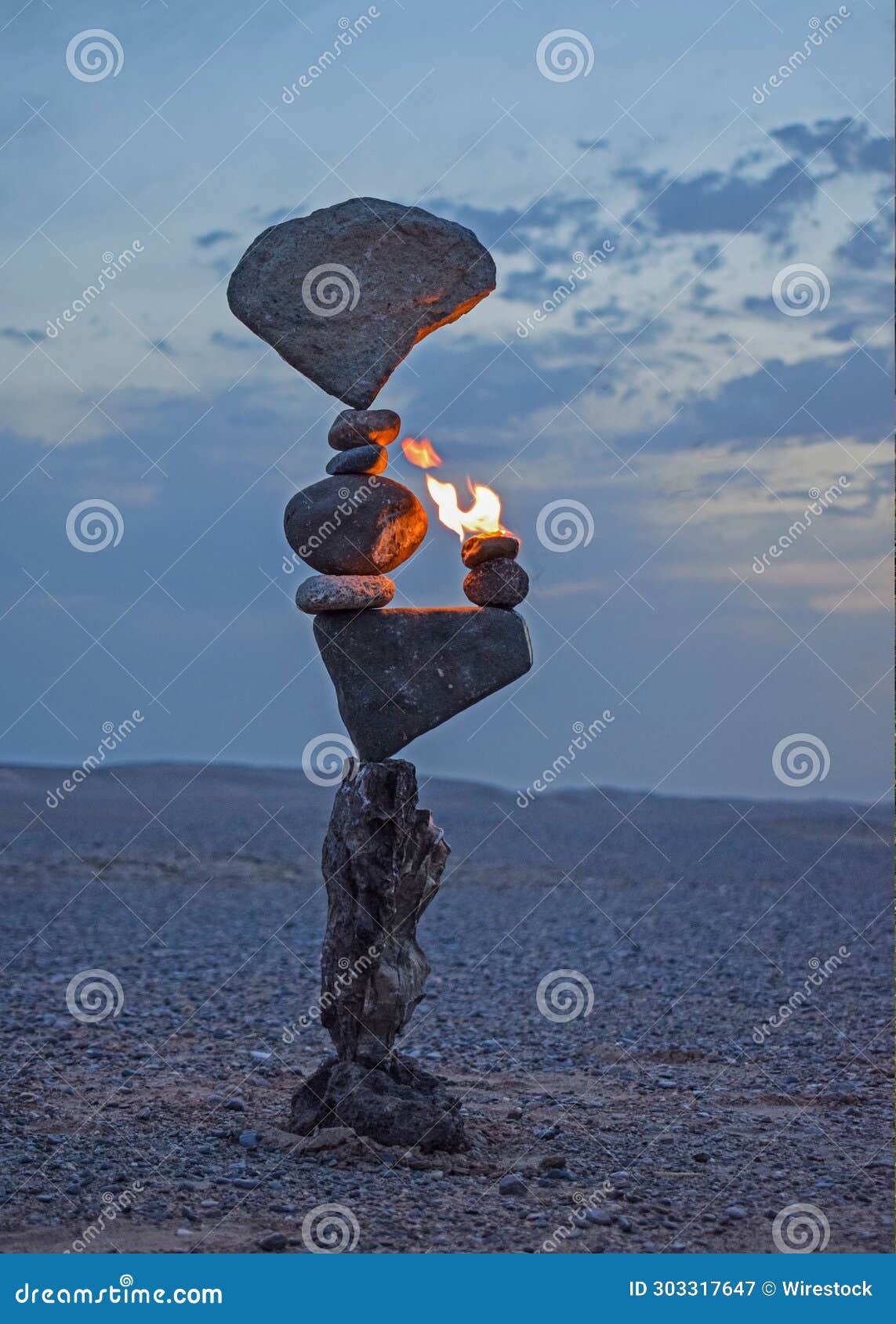 Balanced Rocks with Burning Flame Against the Backdrop of a Cloudy Sky ...
