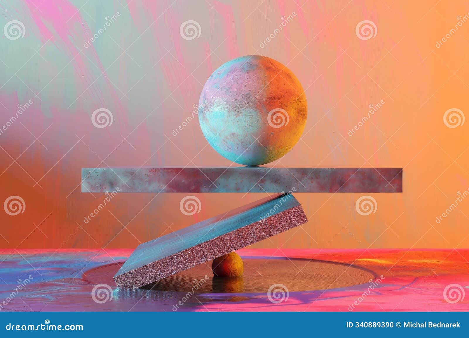 Balanced Spheres on Levitating Planks in Abstract Art Stock Photo ...