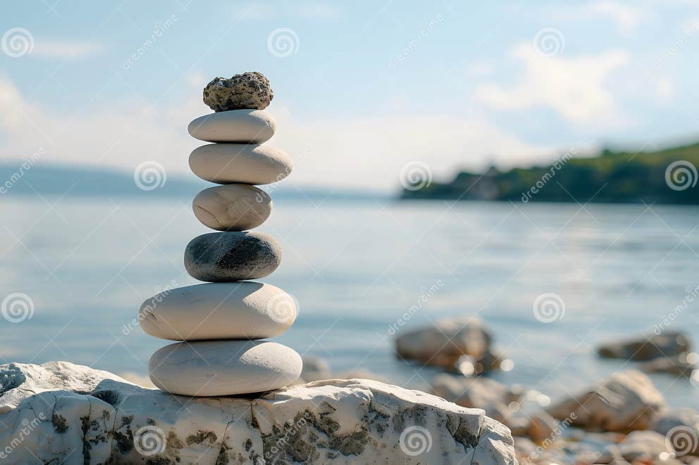 Balanced Stack of Stones by Water Symbolizing Calm and Focus Stock ...