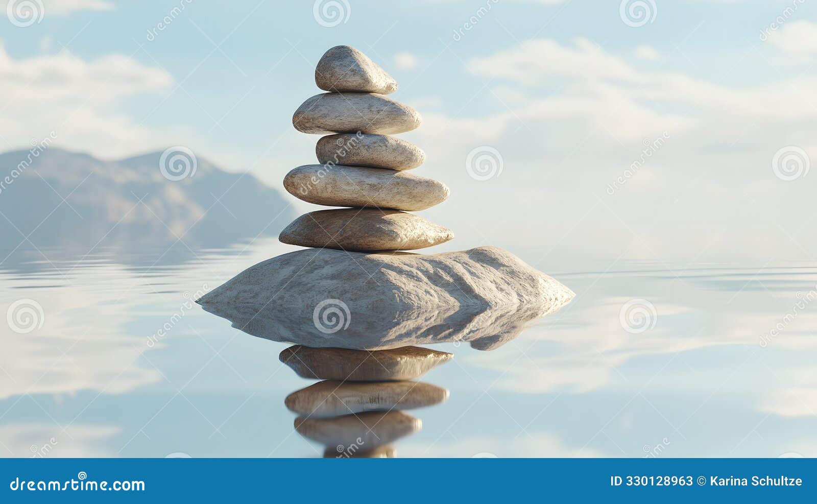 Balanced Stone Stacks on Tranquil Water Surface Reflect Stock ...