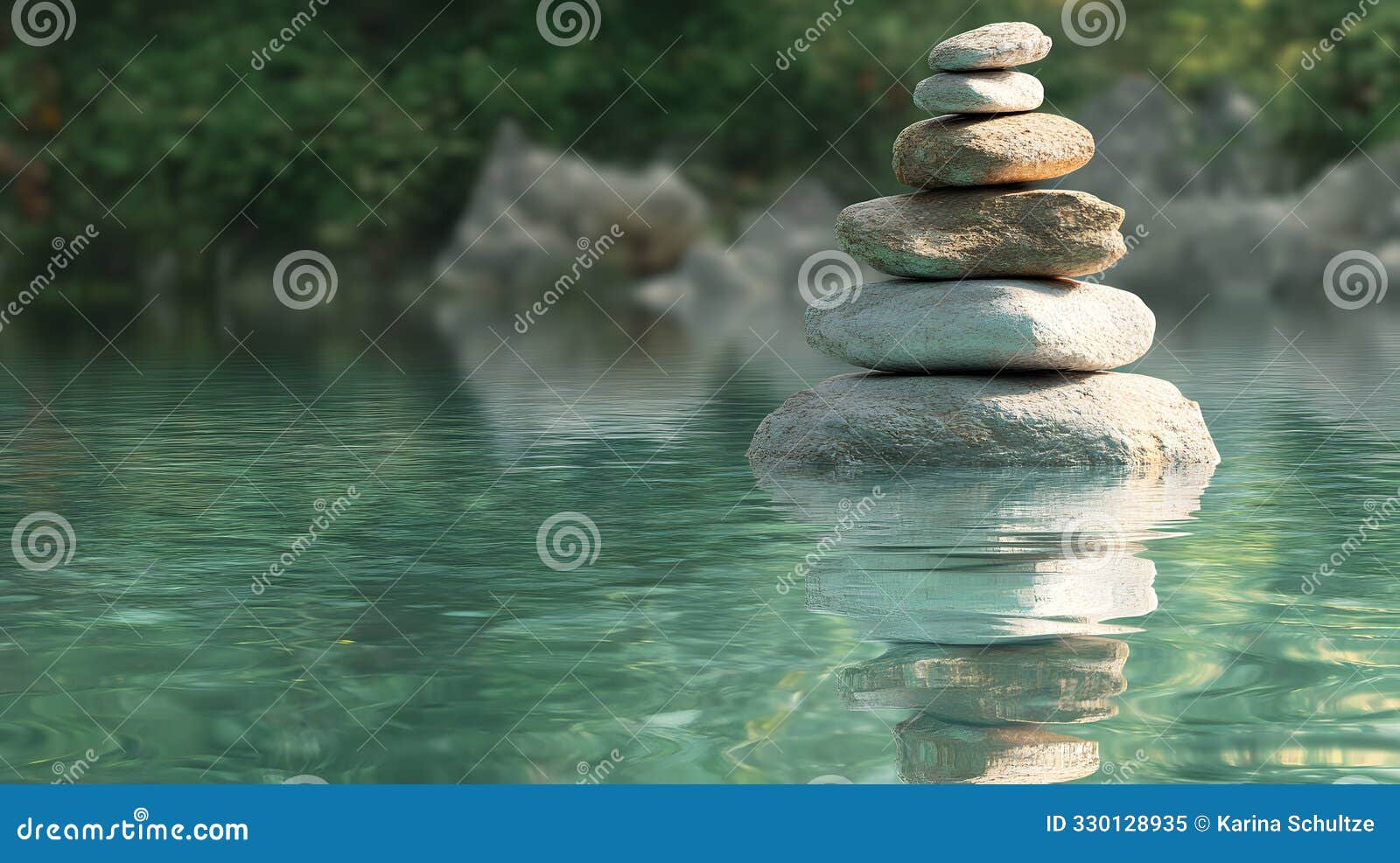 Balanced Stone Stacks on Tranquil Water Surface Reflect Stock ...