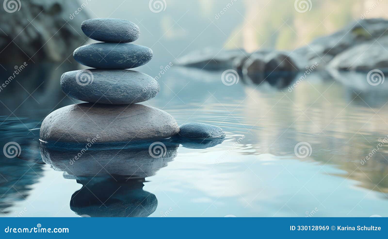 Balanced Stone Stacks on Tranquil Water Surface Reflect Stock ...