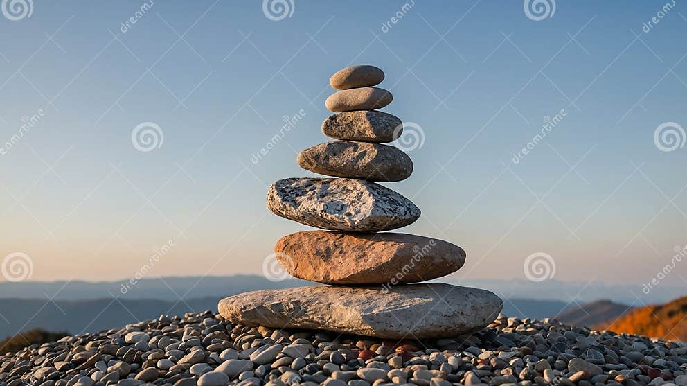 Balanced Stones Stack on Rocky Surface with Clear Blue Sky and Distant ...