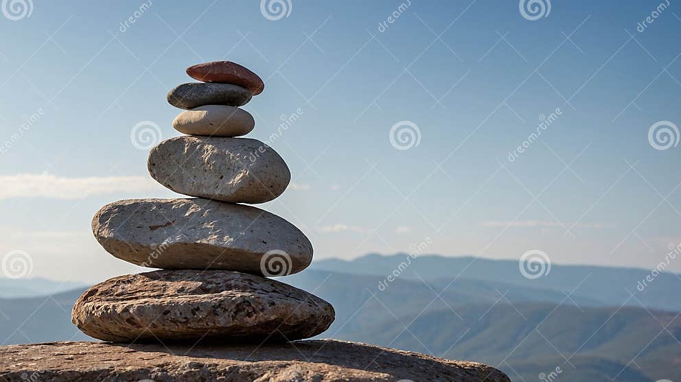 Balanced Stones Stack on Rocky Surface with Clear Blue Sky and Distant ...