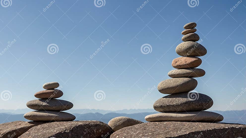 Balanced Stones Stack on Rocky Surface with Clear Blue Sky and Distant ...