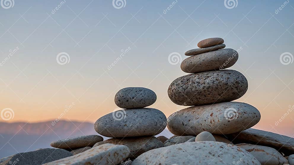 Balanced Stones Stack on Rocky Surface with Clear Blue Sky and Distant ...