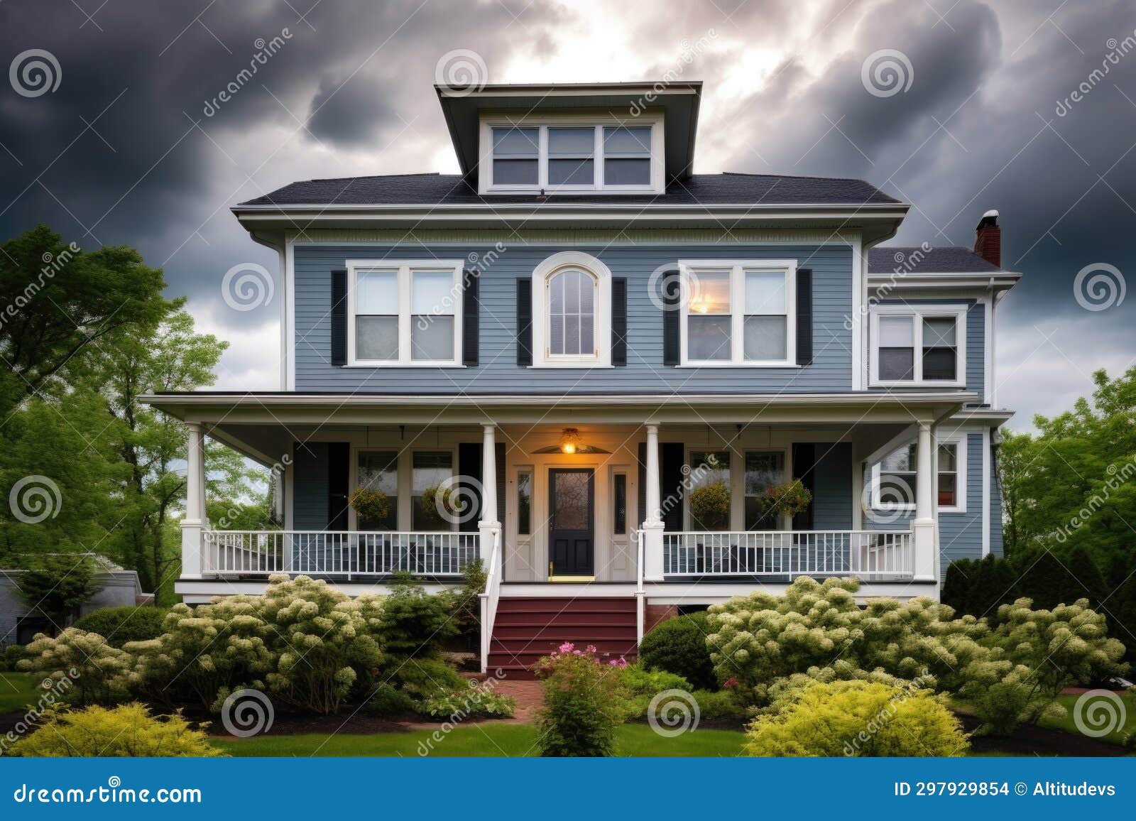 Balanced Windows of a Colonial Home Under Moody Clouds Stock Photo ...
