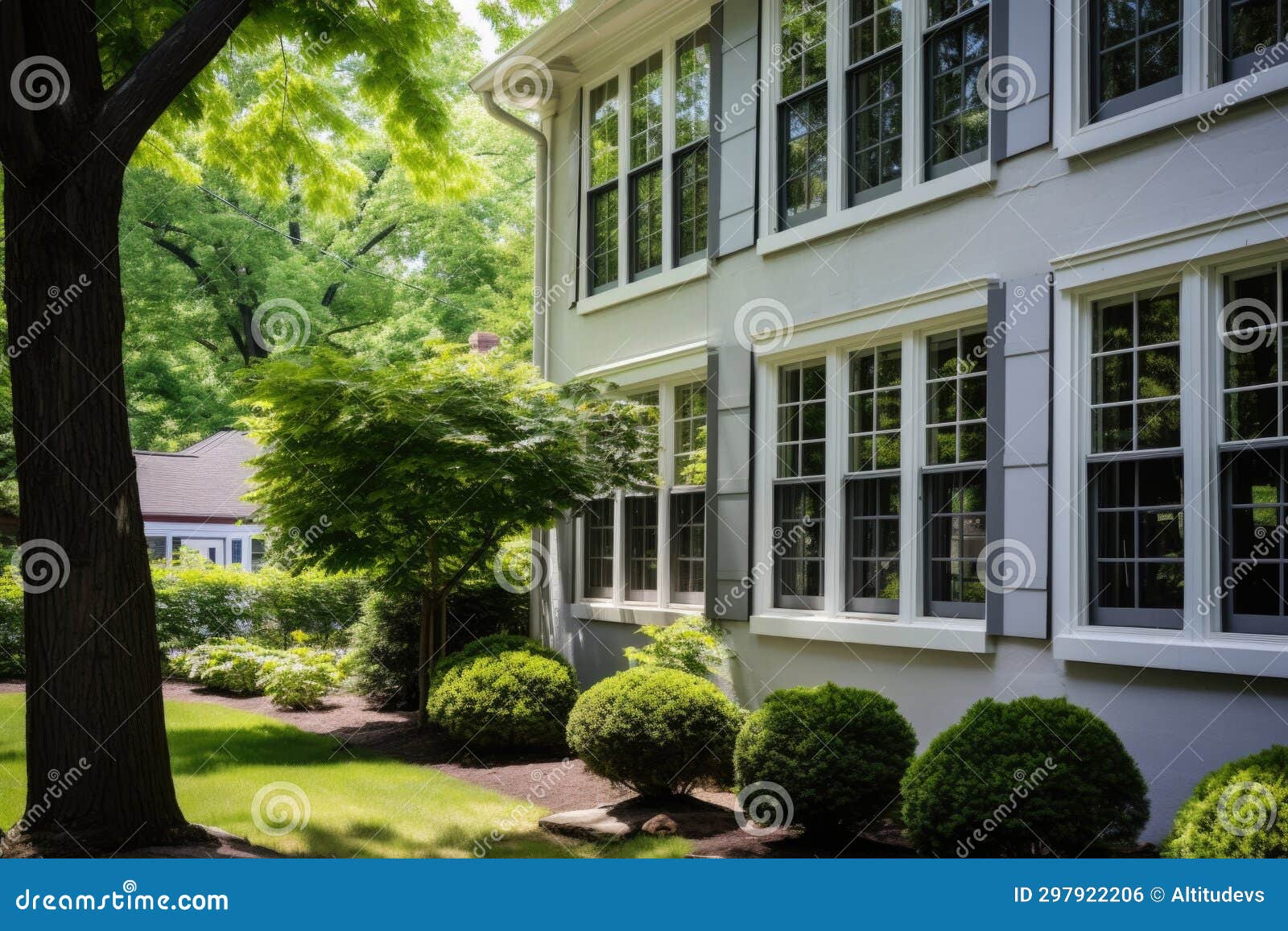 Balanced Windows of a Colonial House Under the Shade of Trees Stock ...