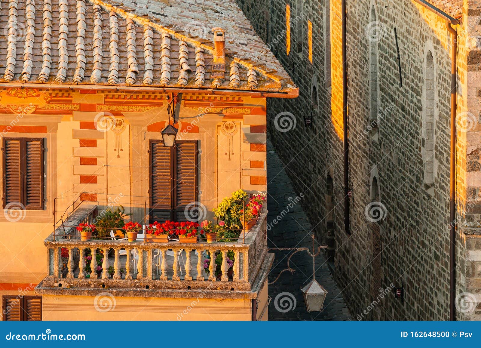 Balconies of Ancient Houses Stock Photo - Image of brick, flower: 162648500
