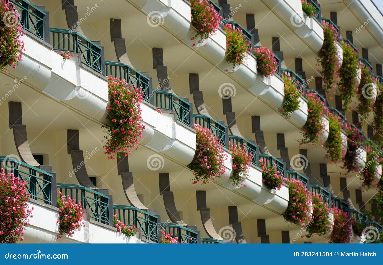 Balconies with Trailing Pink Geraniums Stock Photo - Image of heritage ...