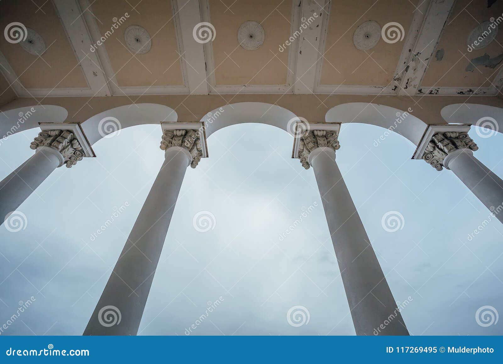 Balcony with Arches and Colonnade at Abandoned Mansion. Bottom View ...