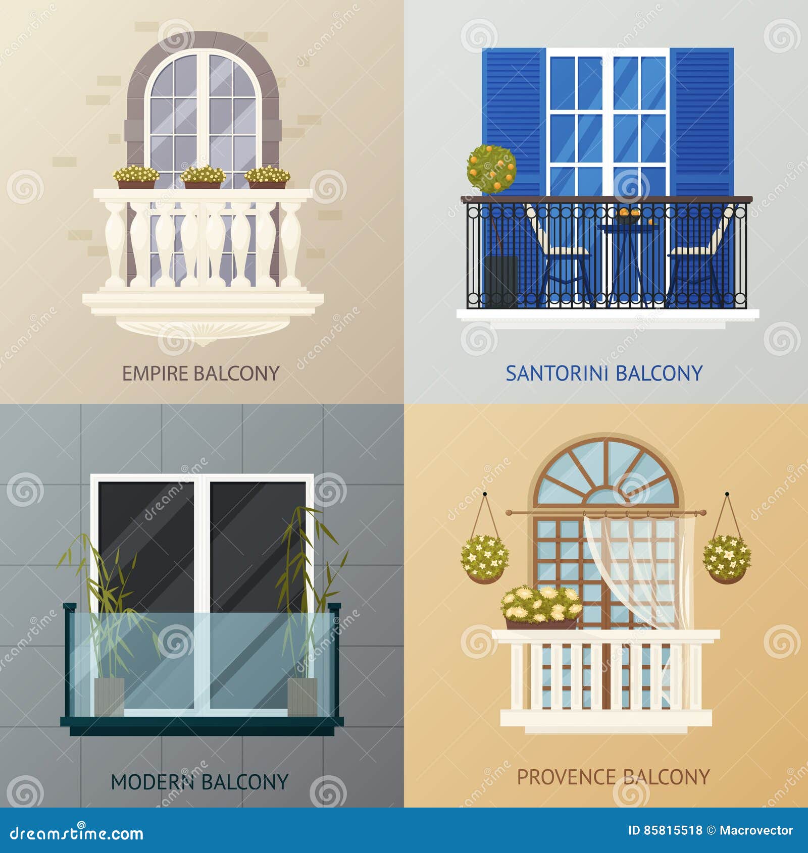 Balcony Design Compositions Set Stock Vector - Illustration of balcony ...