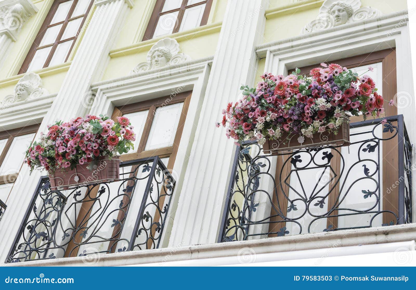Balcony with Neo Classic Facade and Flowers. Stock Image - Image of ...